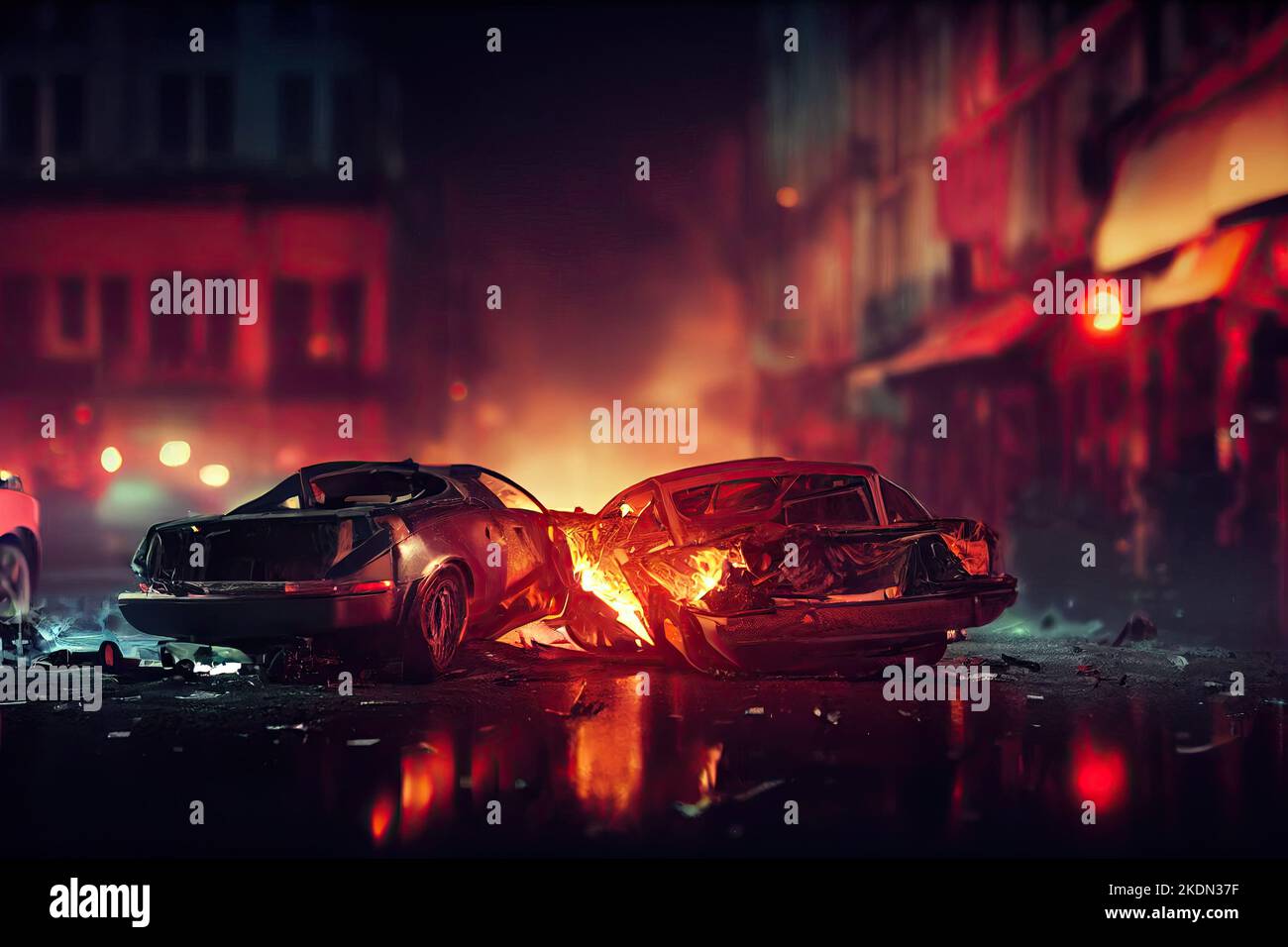 An urban car crash in city at night, resulting in damaged and smashed ...