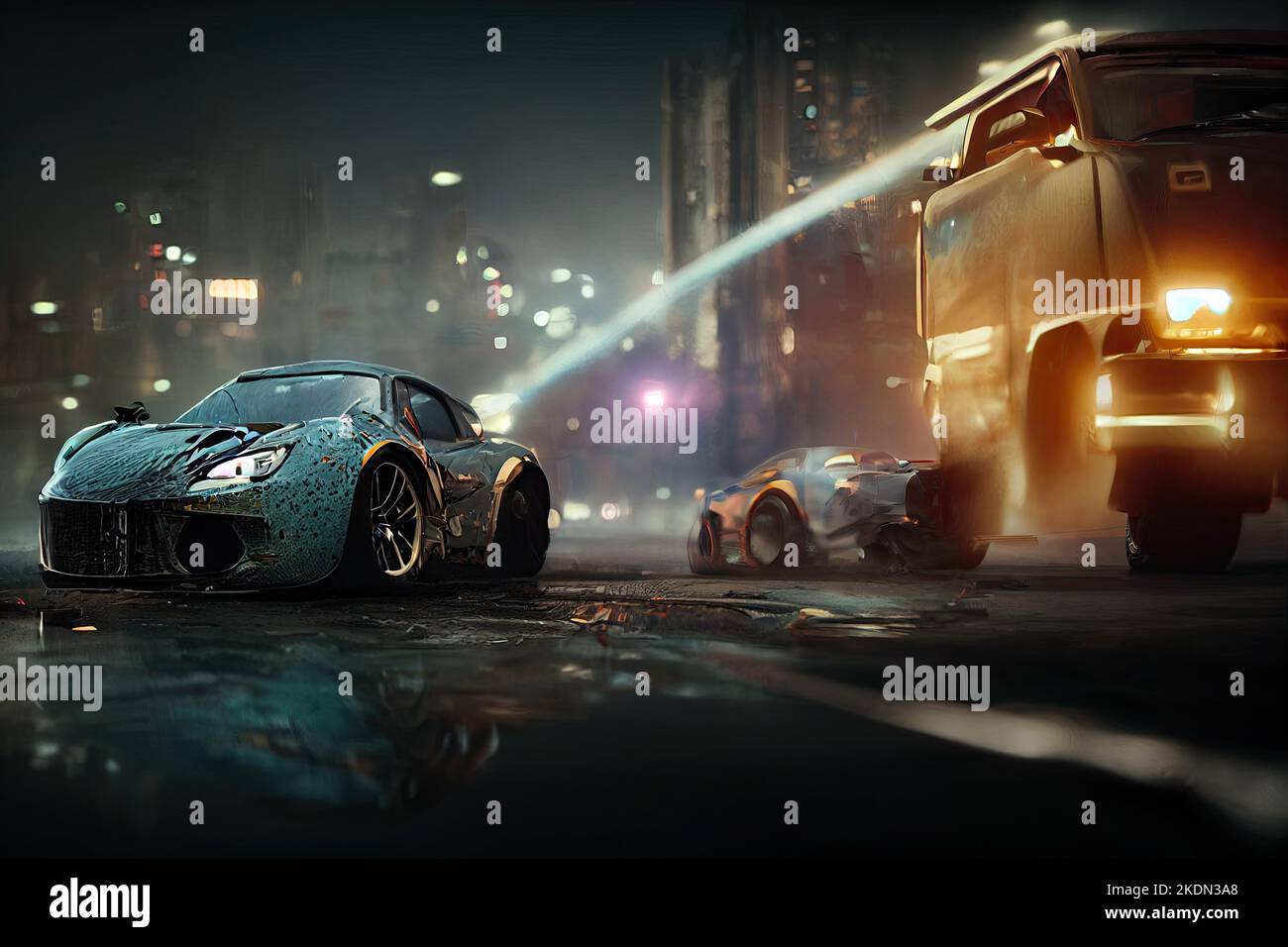 An urban car accident in a city at night, in which damaged and smashed ...
