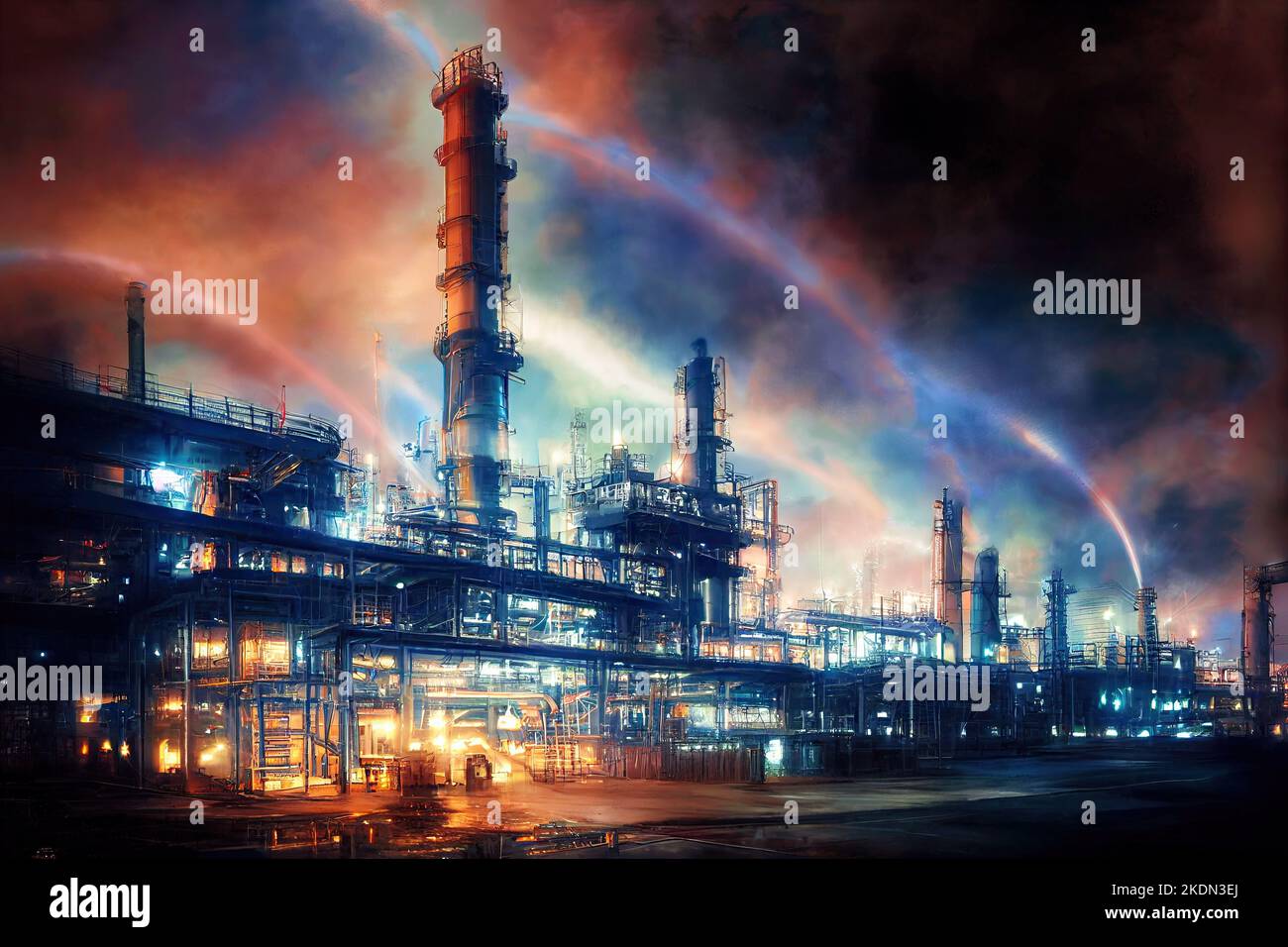 A chemical factory illuminated at night, with colored lights. A ...