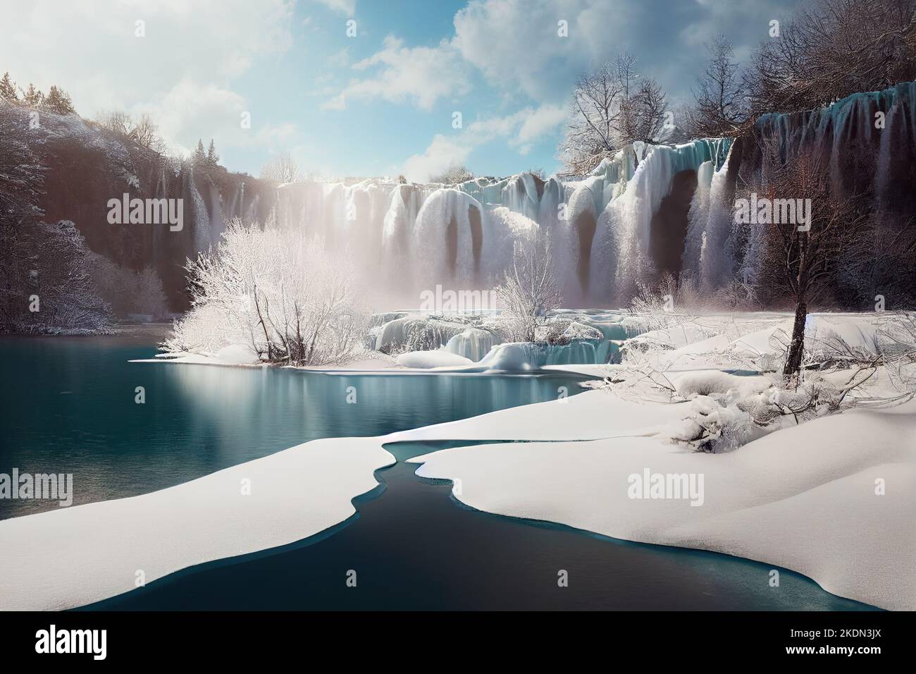 Stunning frozen waterfalls in the winter season are depicted in this ...