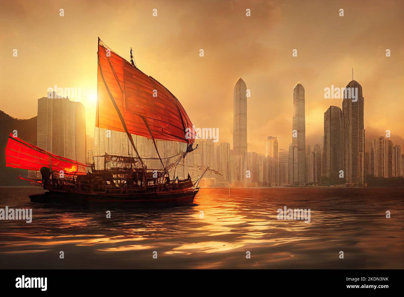 A red-sail junk boat nears skyscrapers and buildings of Hong Kong in ...