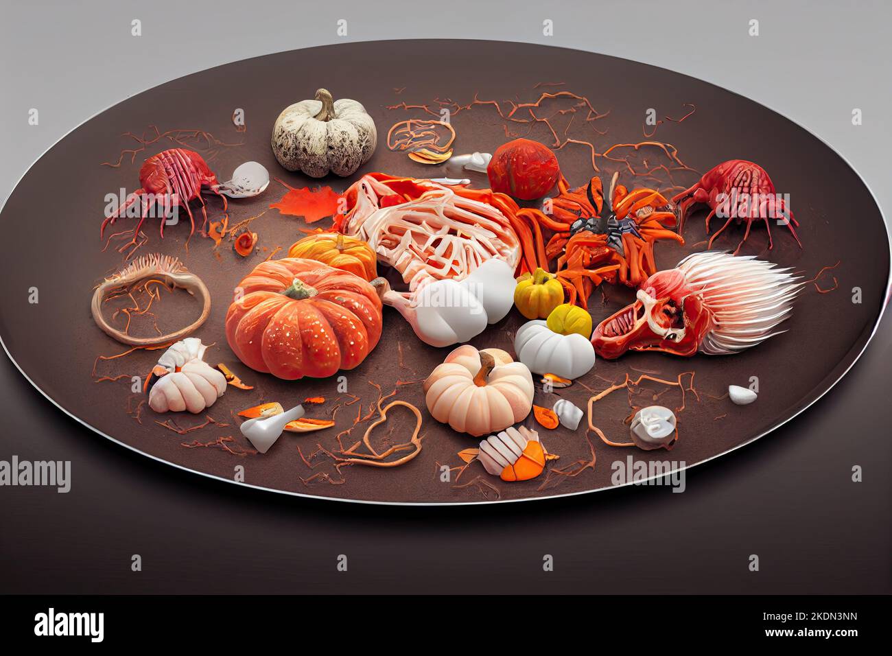 Horror food dish with anatomical human parts, pieces of brain, guts ...