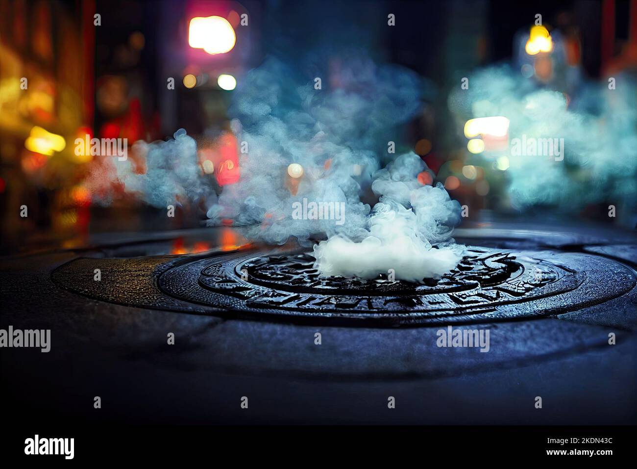 A manhole with smoke of in New York City in the United States. 3D ...