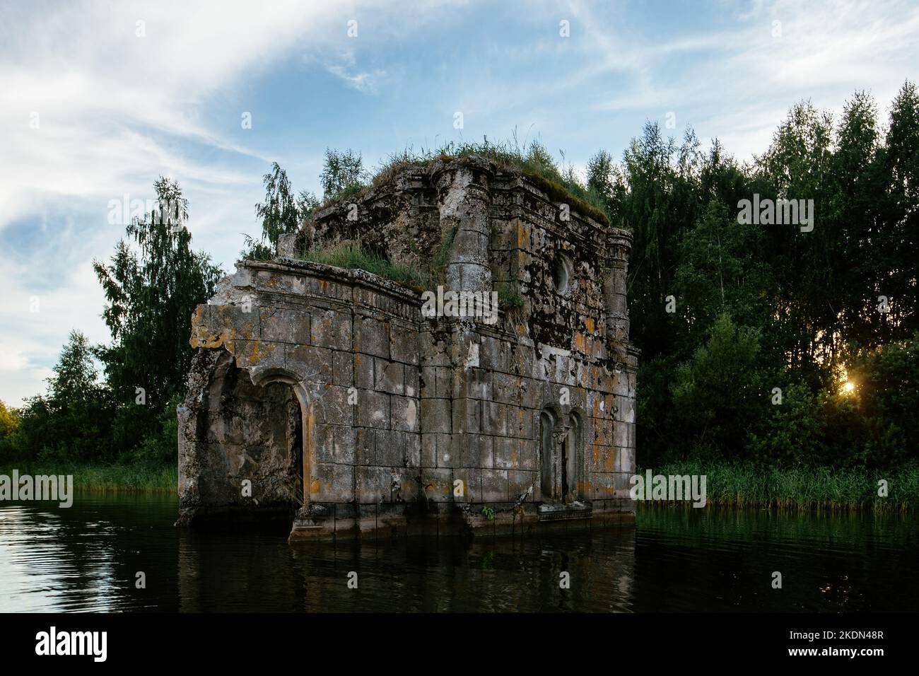 Old flooded ruined abandoned church. Ancient ruins on water Stock Photo ...