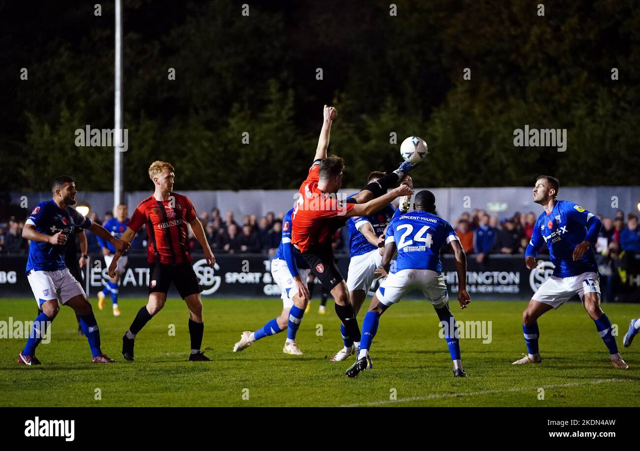 Bracknell Town’s Dan Bayliss has an attempt at goal during the Emirates ...