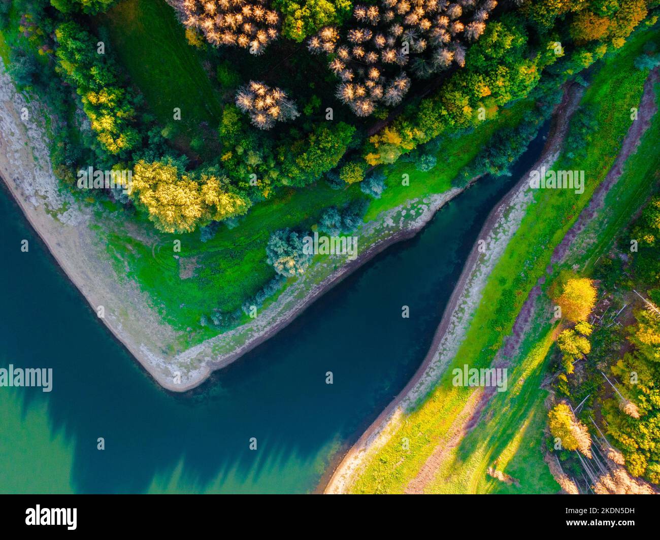 Aerial view of green mountains and river , view from above Stock Photo ...