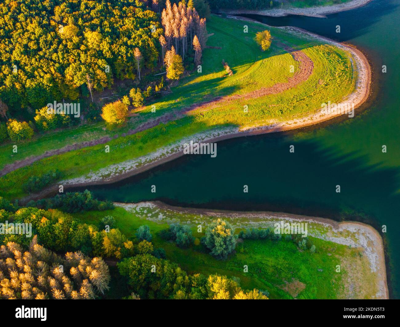 Aerial view of green mountains and river , view from above Stock Photo ...