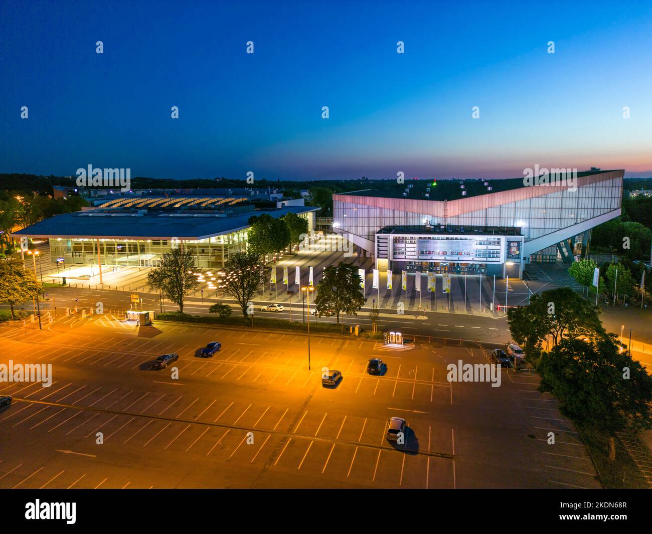 The Grugahalle, right and Messe Essen, trade fair building entrance ...