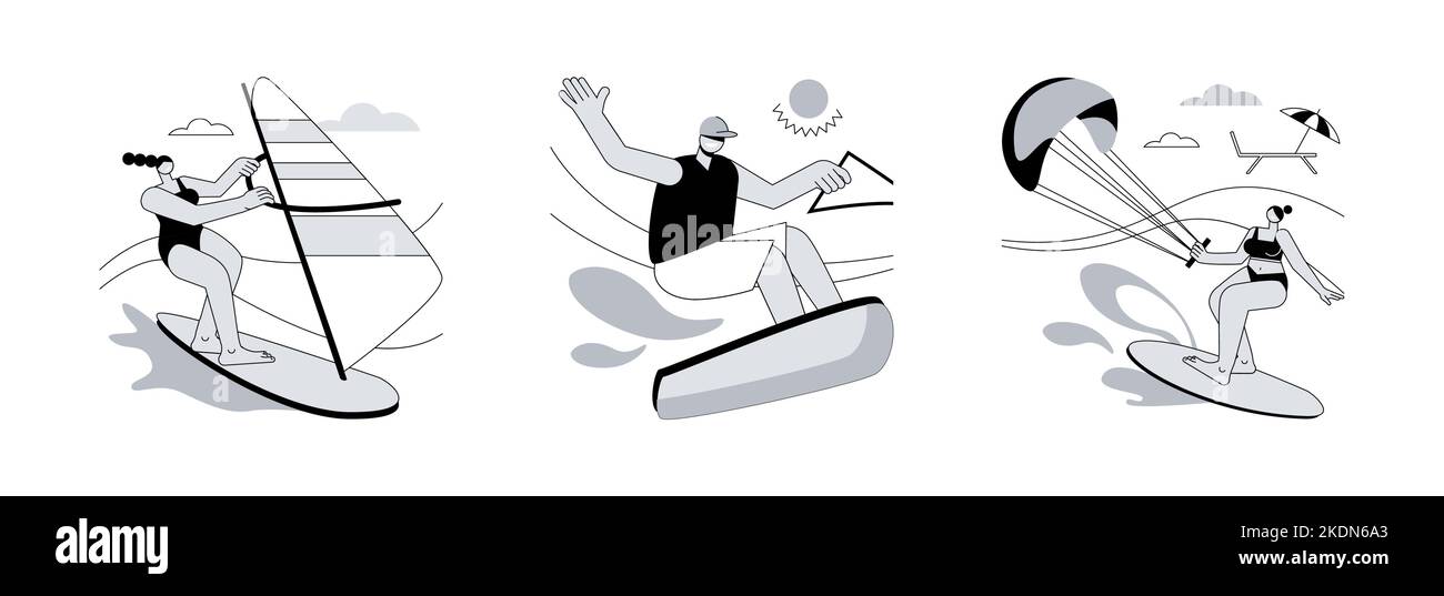 Extreme water fun abstract concept vector illustration set. Windsurfing ...