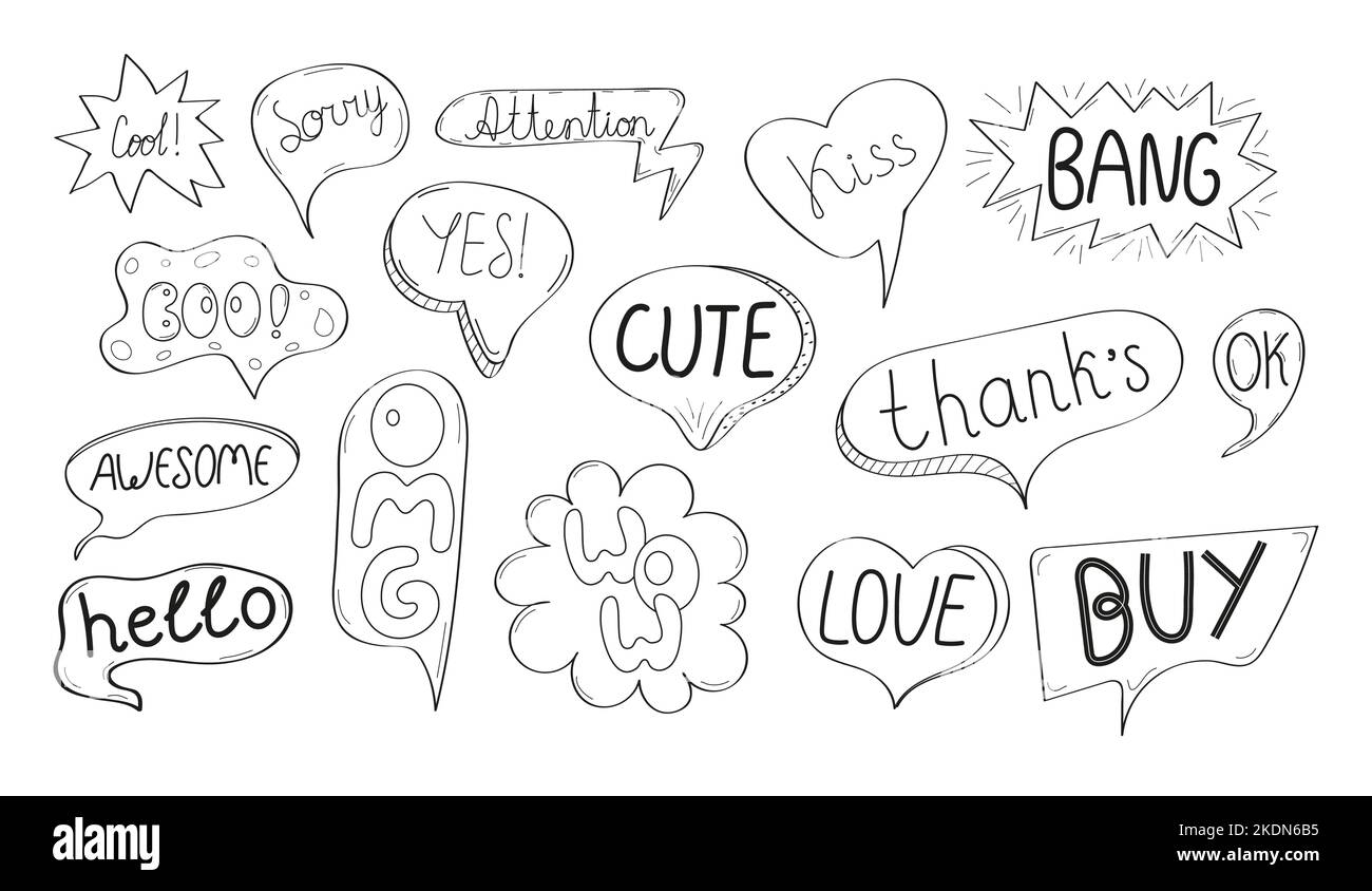 Speech bubbles with comic text set vector in hand drawn style. Massages ...