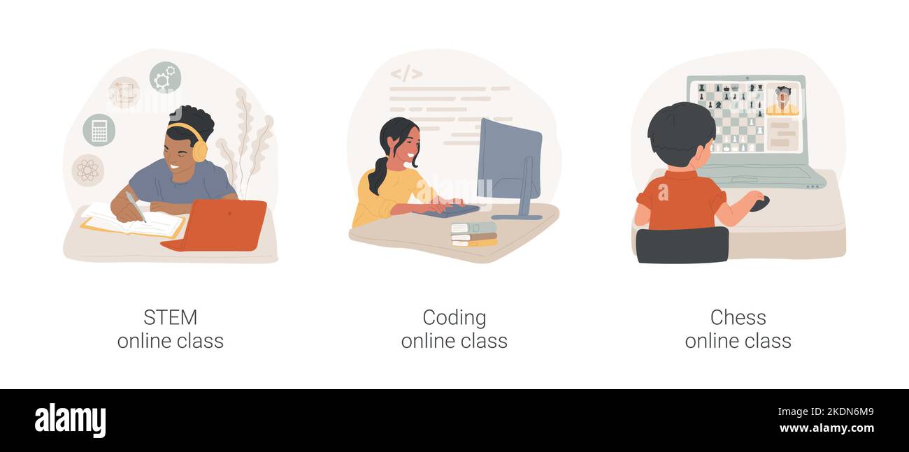 Distance learning for kids isolated cartoon vector illustration set. STEM online class, coding ...