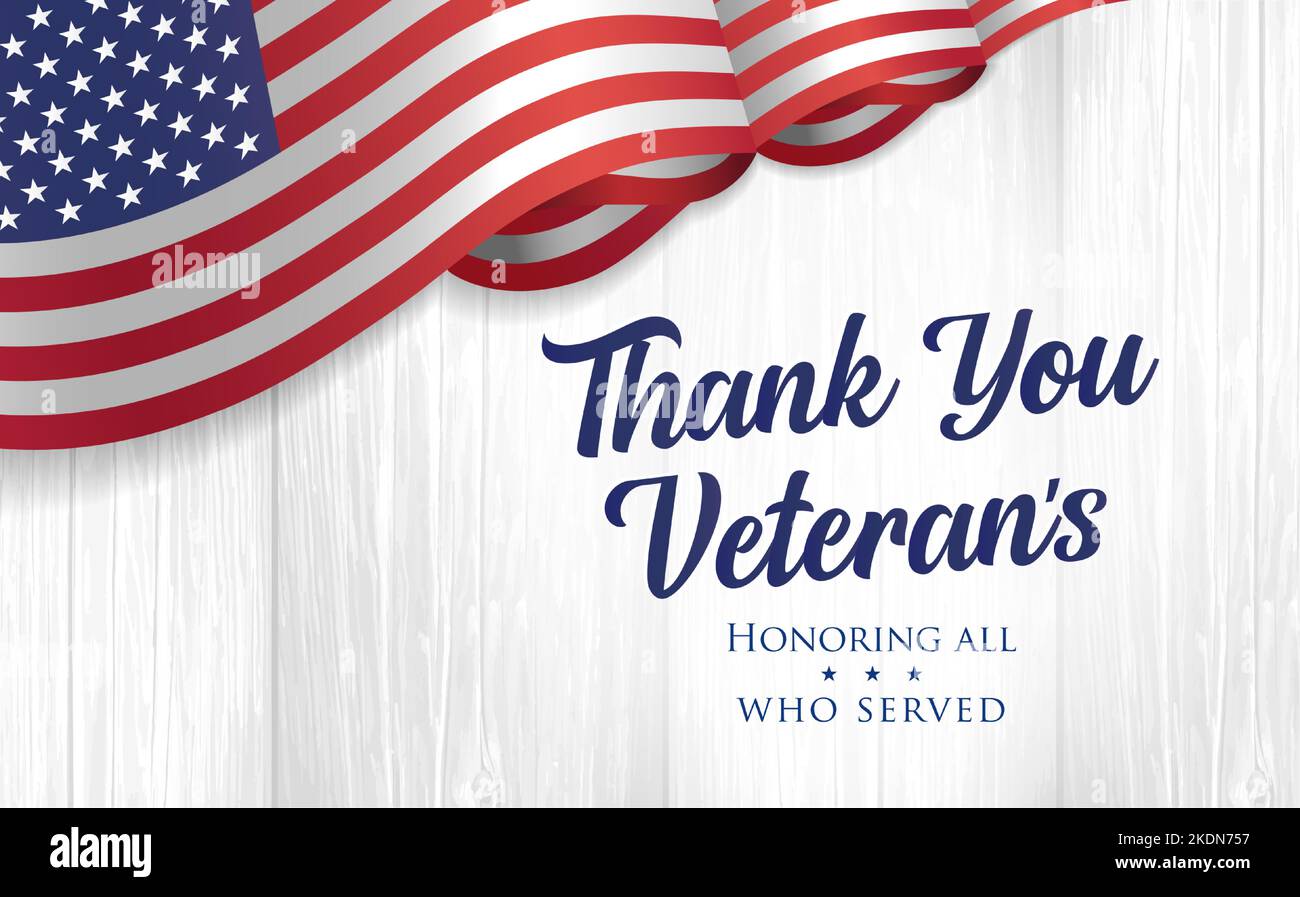 Thank You Veterans, greeting card with flag on wooden plank. Veterans ...
