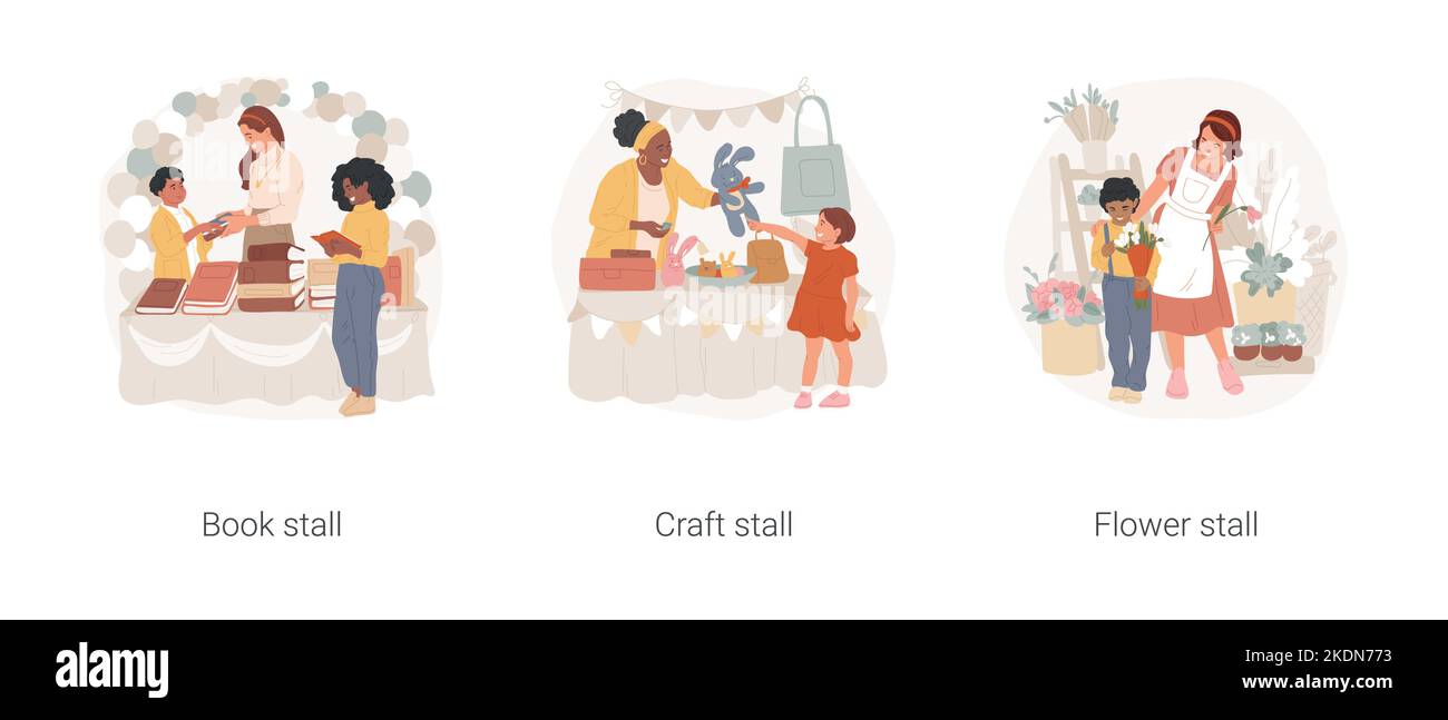 Spring school fair isolated cartoon vector illustration set. Book stall ...