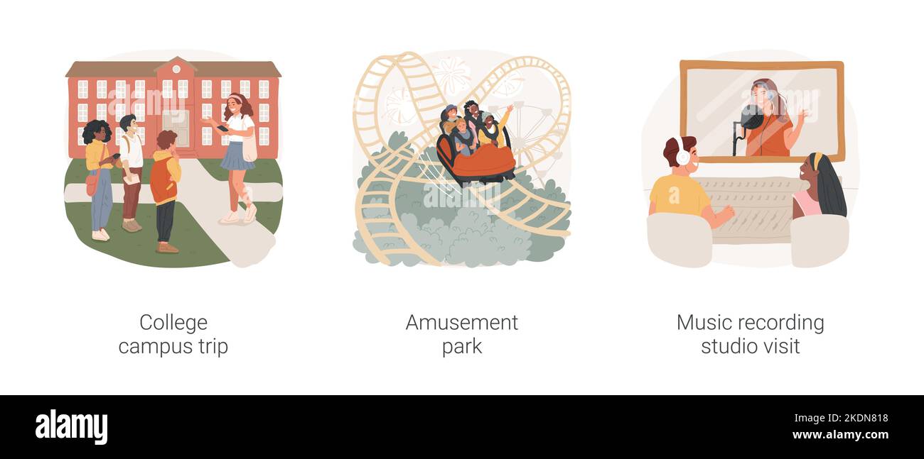 Class field trips isolated cartoon vector illustration set. College ...
