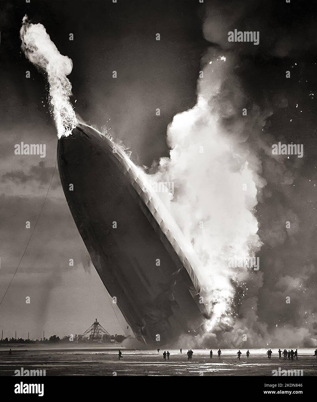 The Zeppelin LZ 129 Hindenburg catching fire on May 6, 1937 at ...