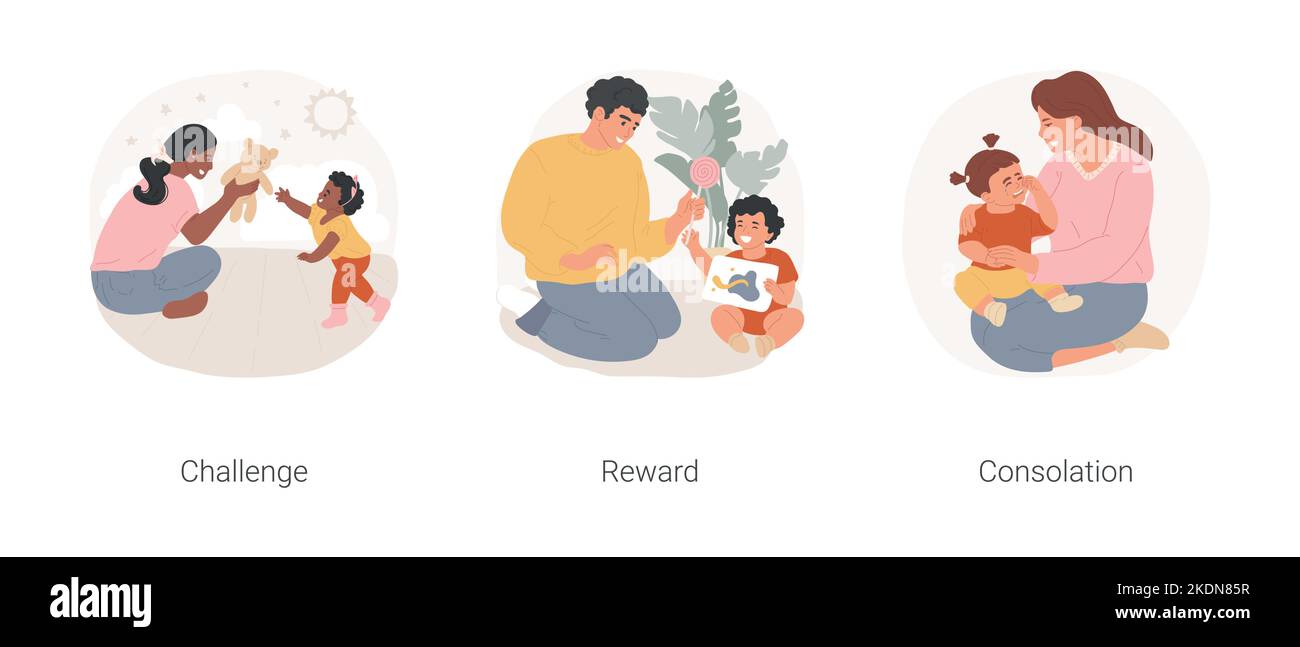 Child encouragement isolated cartoon vector illustration set. Baby challenged to reach out for ...