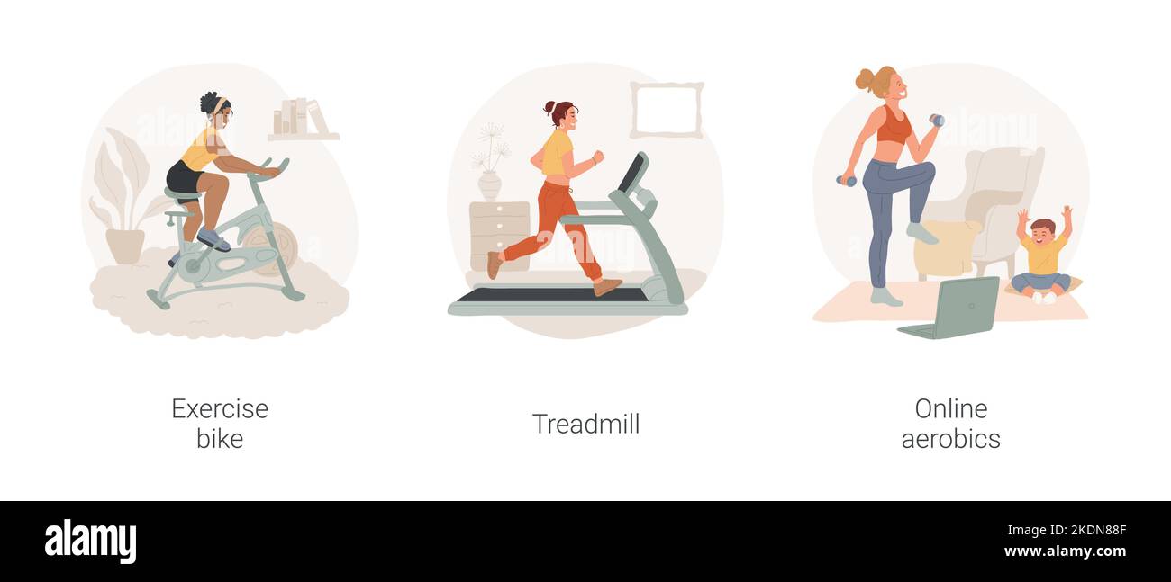 Home gym isolated cartoon vector illustration set. Riding a stationary ...