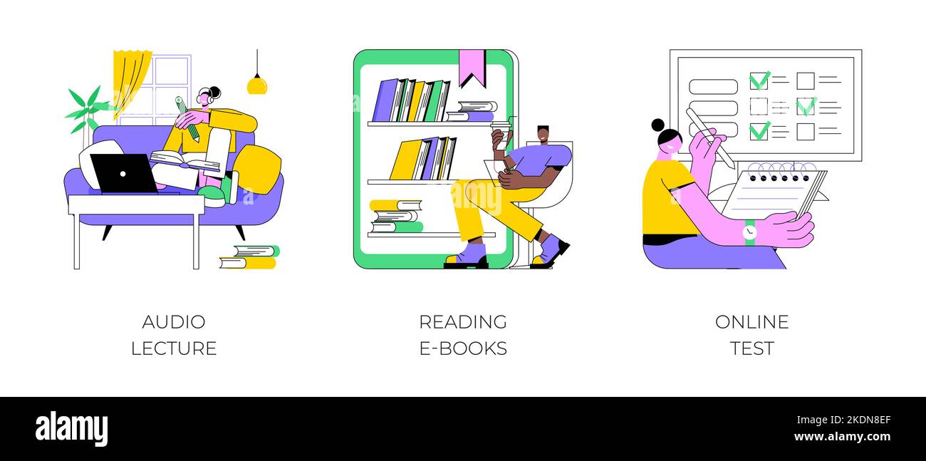 Online degree isolated cartoon vector illustrations set. Listening to ...