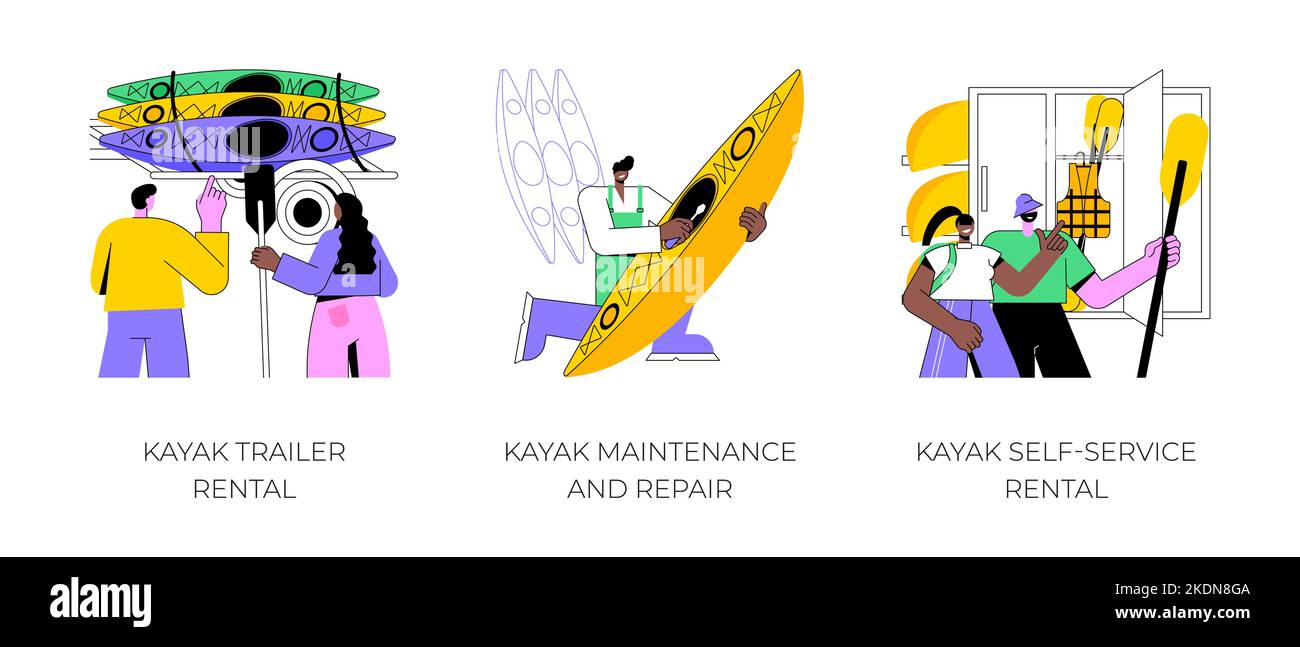 Kayak rental isolated cartoon vector illustrations set. Trailer ...