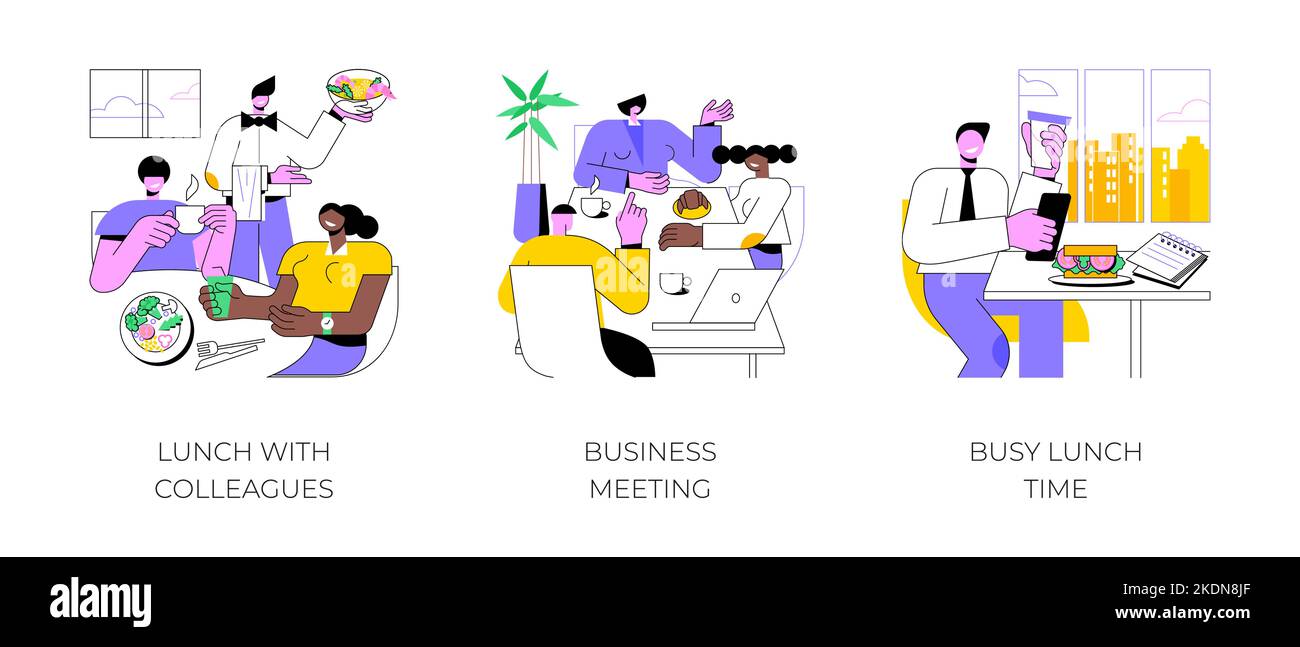 Business lunch isolated cartoon vector illustrations set. Smiling ...