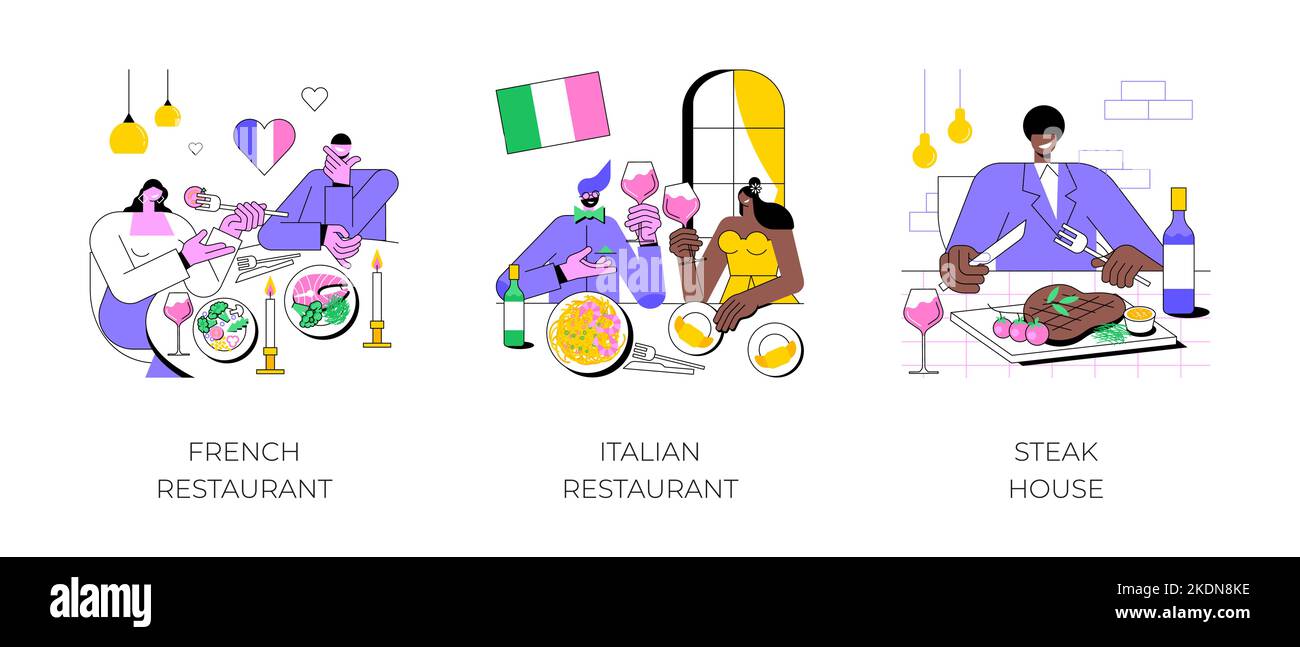 Dinner out isolated cartoon vector illustrations set. Happy couple ...