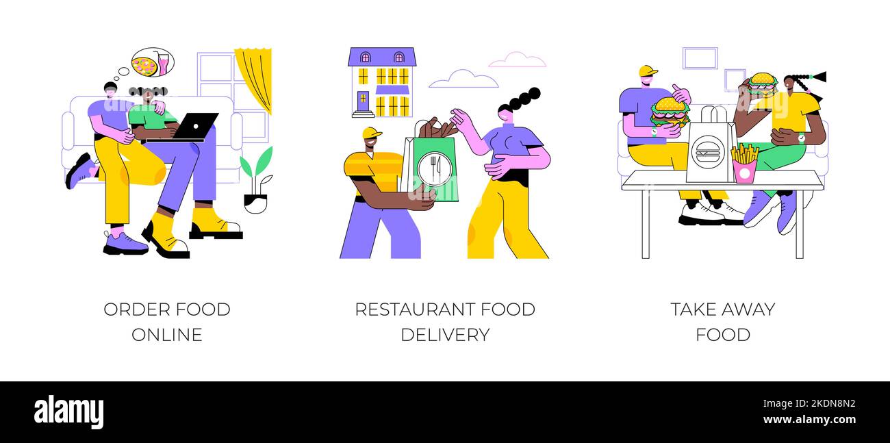 Buying food online isolated cartoon vector illustrations set. People ...