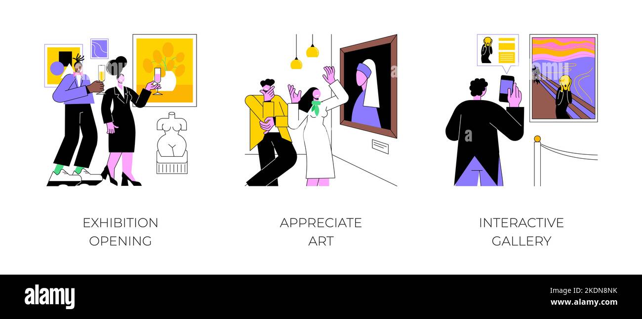 Art event isolated cartoon vector illustrations set. Exhibition opening ...