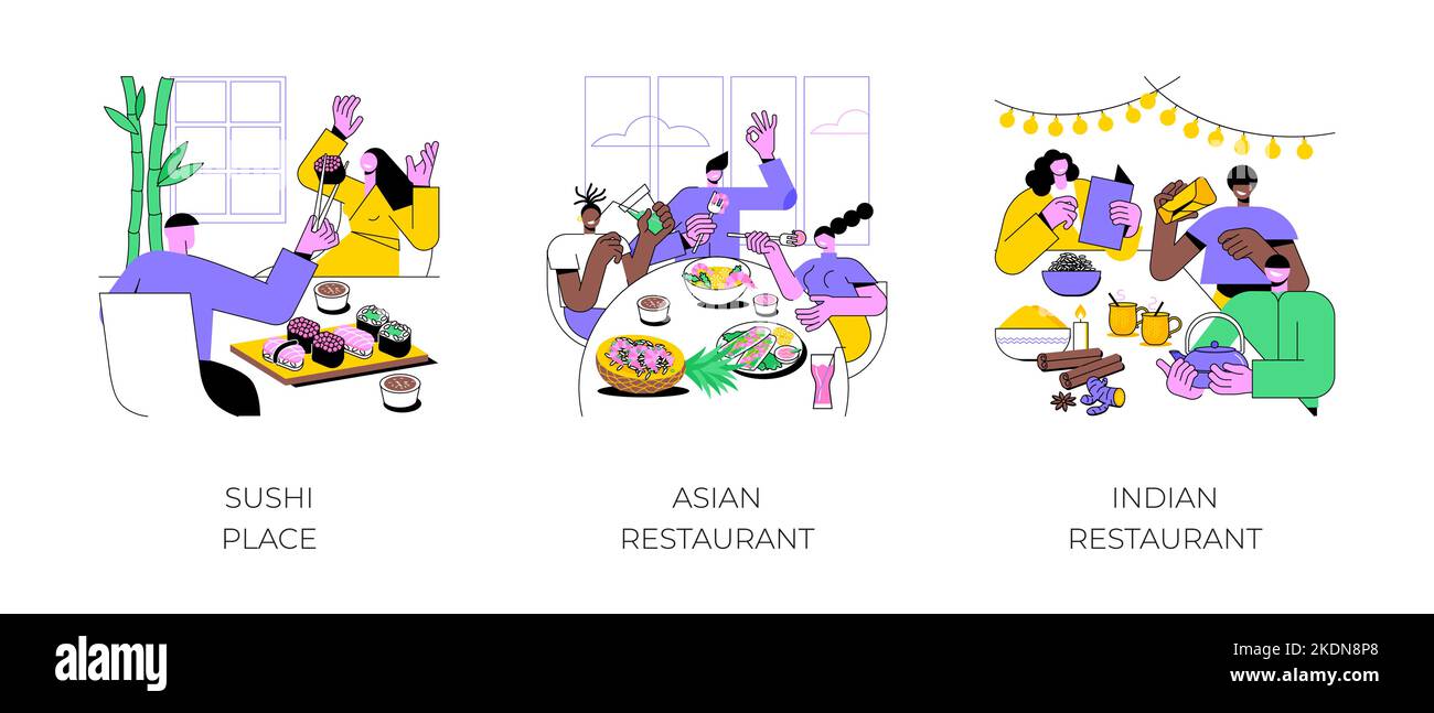 Asian cuisine isolated cartoon vector illustrations set. Happy couple ...