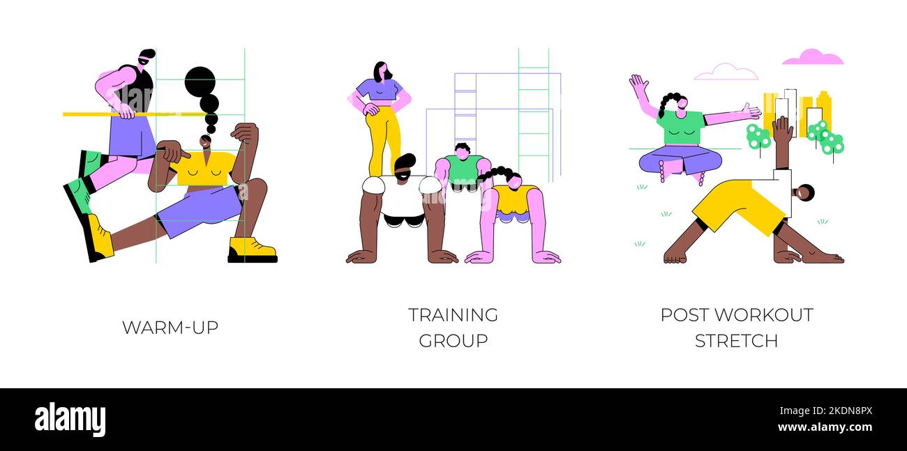 Training process isolated cartoon vector illustrations set. Warm-up before training, group ...