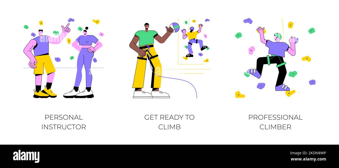 Bouldering isolated cartoon vector illustrations set. Personal climbing ...