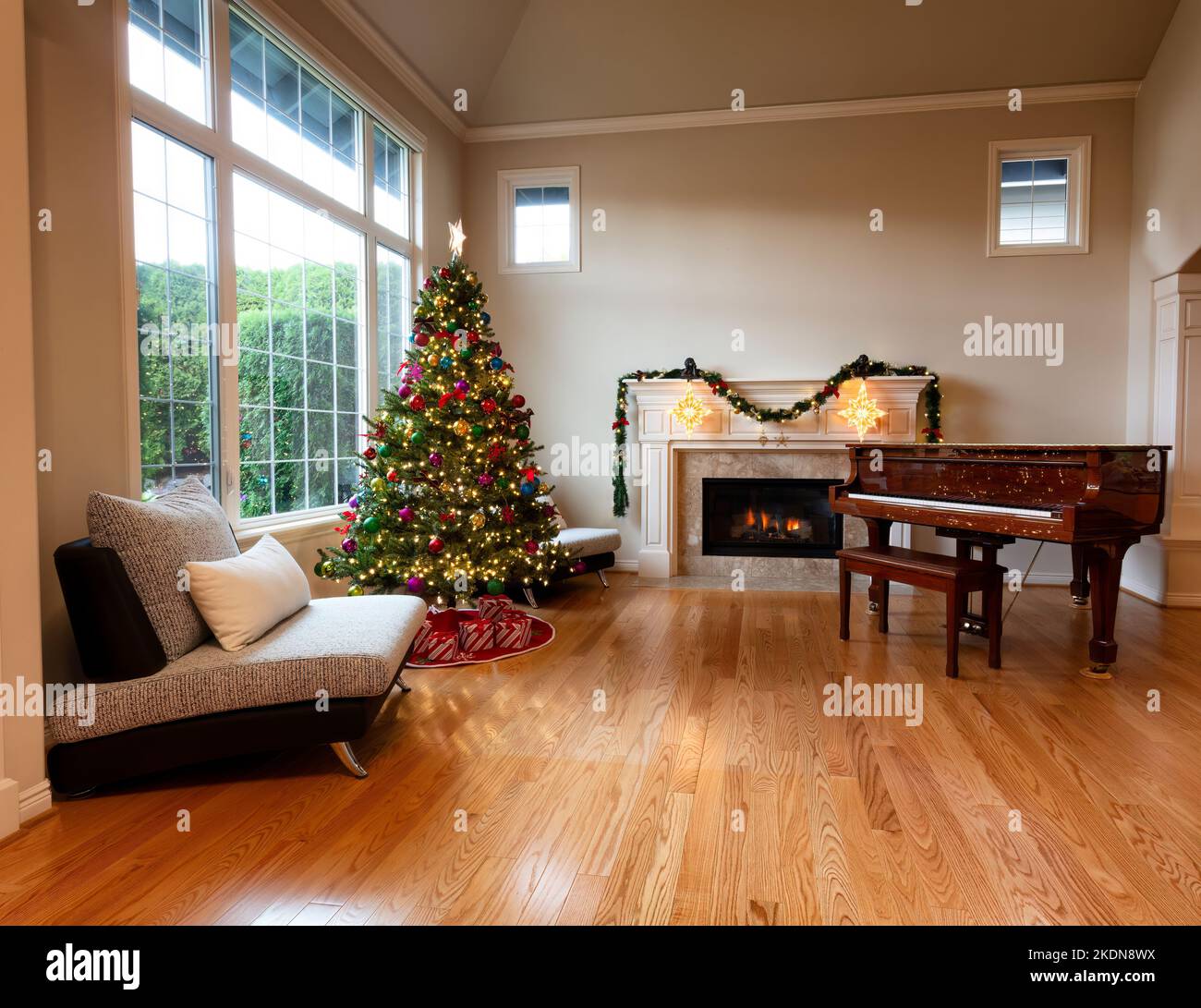 Home living room, during daylight, decorated for a Merry Christmas and ...