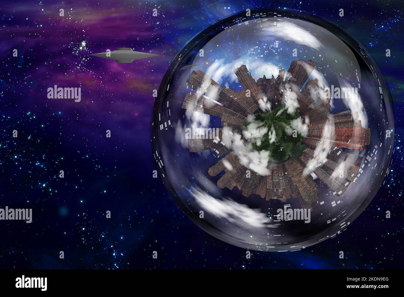 Saucer craft near large interstellar city ship. 3D rendering Stock ...