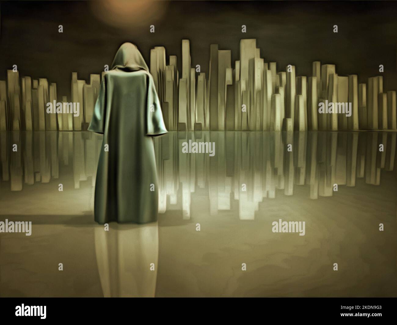 Cloaked figure before city. 3D rendering Stock Photo - Alamy