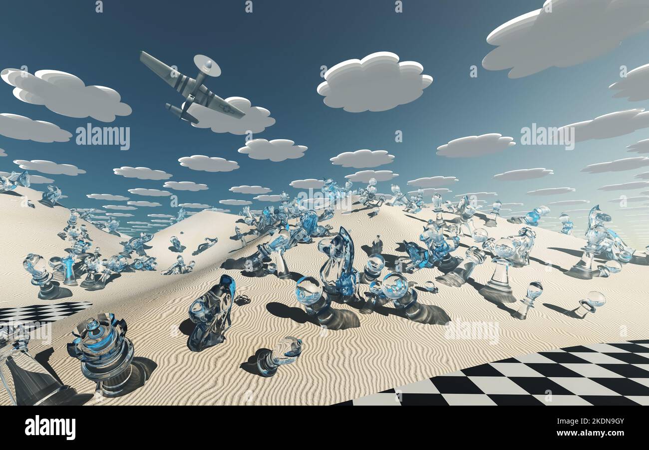 Single engine aircraft flying over chess board landscape. 3D rendering ...