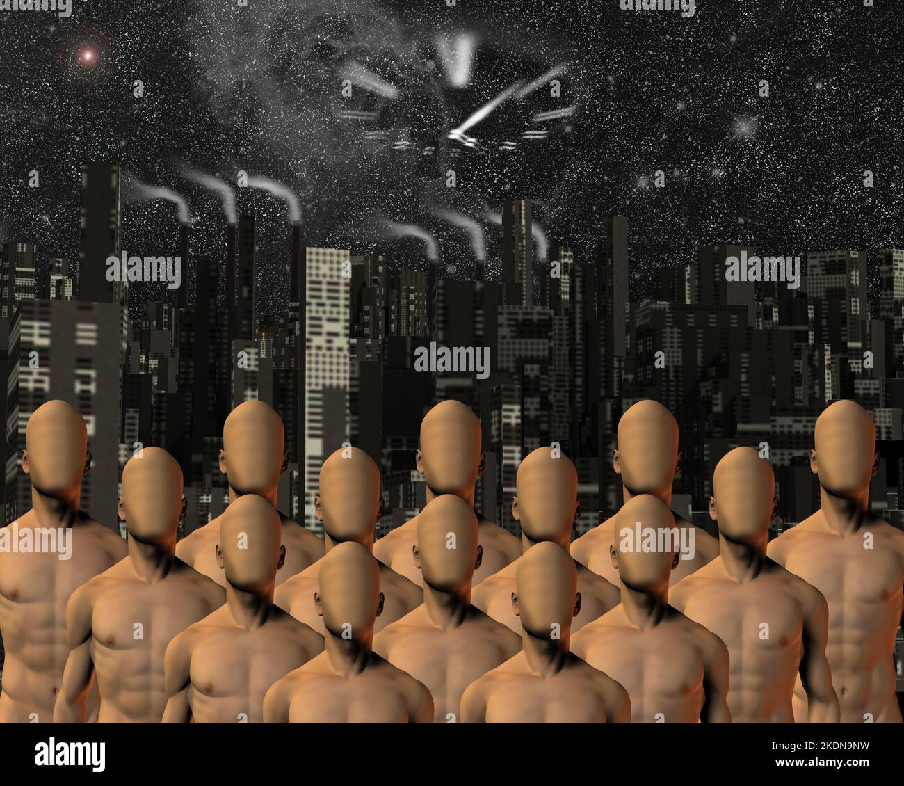 Group before city. Surreal art. 3D rendering Stock Photo - Alamy