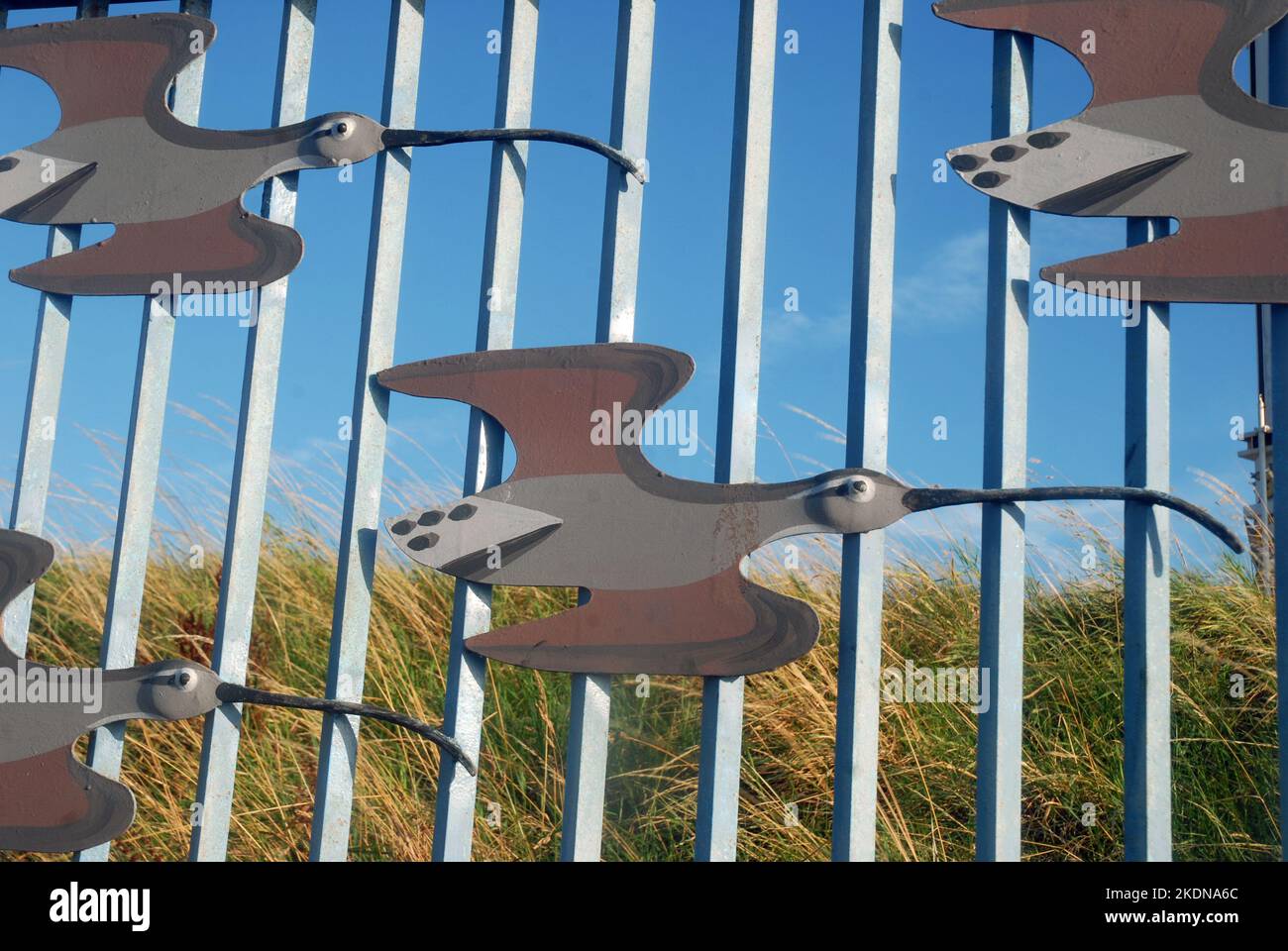 Curlew bird sculptures on a fence, Morecambe bay and the promenade ...