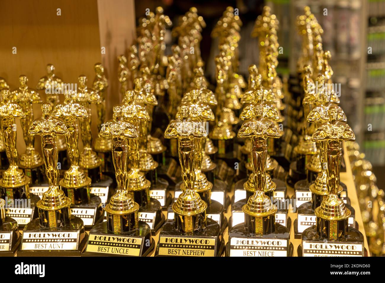 Los Angeles, USA - March 17, 2019: small Oscars in artifical gold for ...