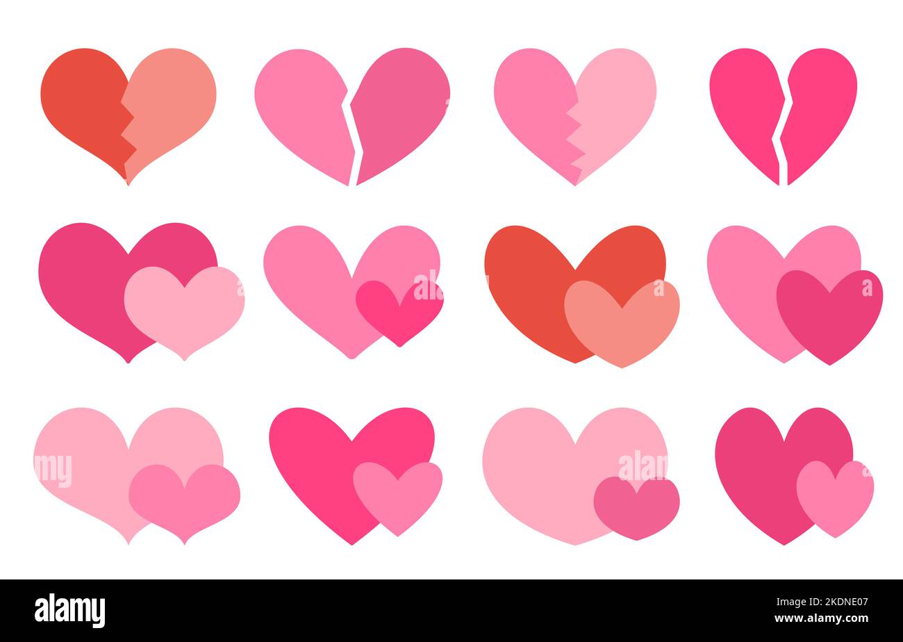Heart flat icon set. Couples of hearts in love concept icons. Broken ...