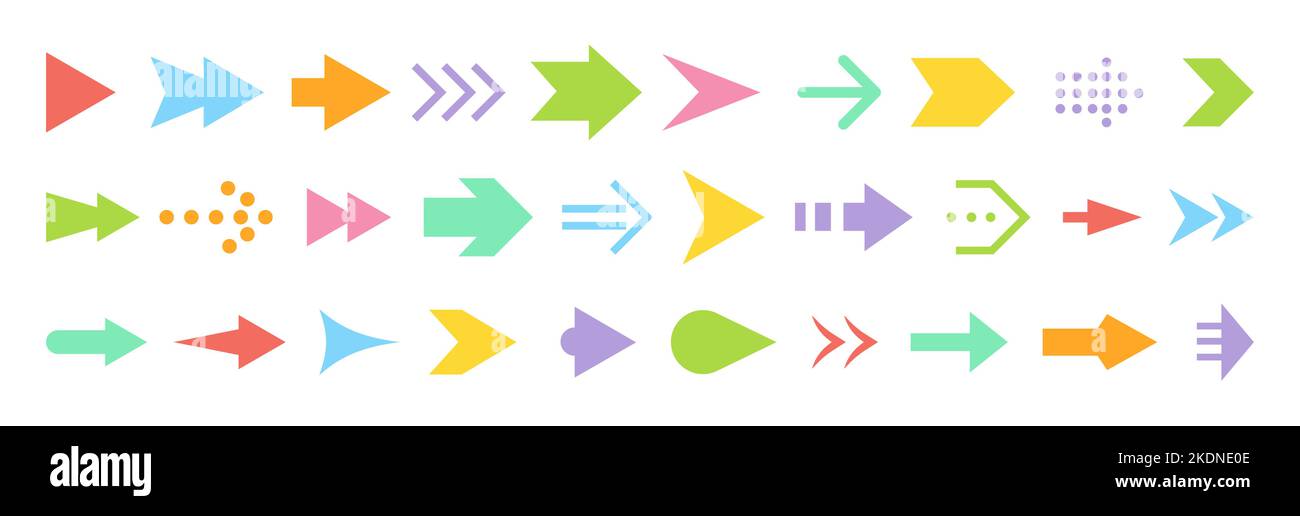 Arrows colorful icon set. Different shapes arrow buttons. Cursor sign big pack. Flat icons for ...
