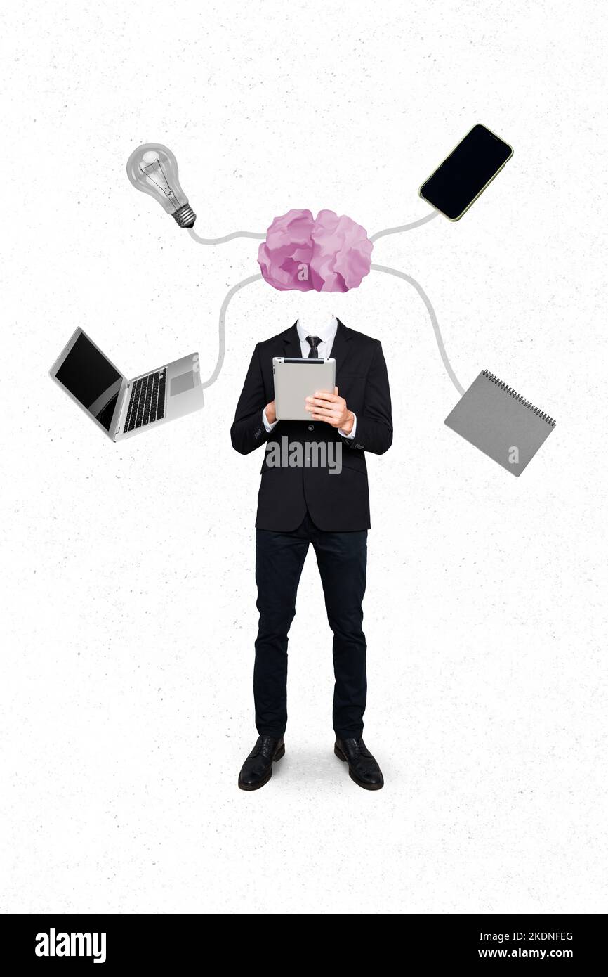 Collage photo of office manager working headless paper brain thinking ...