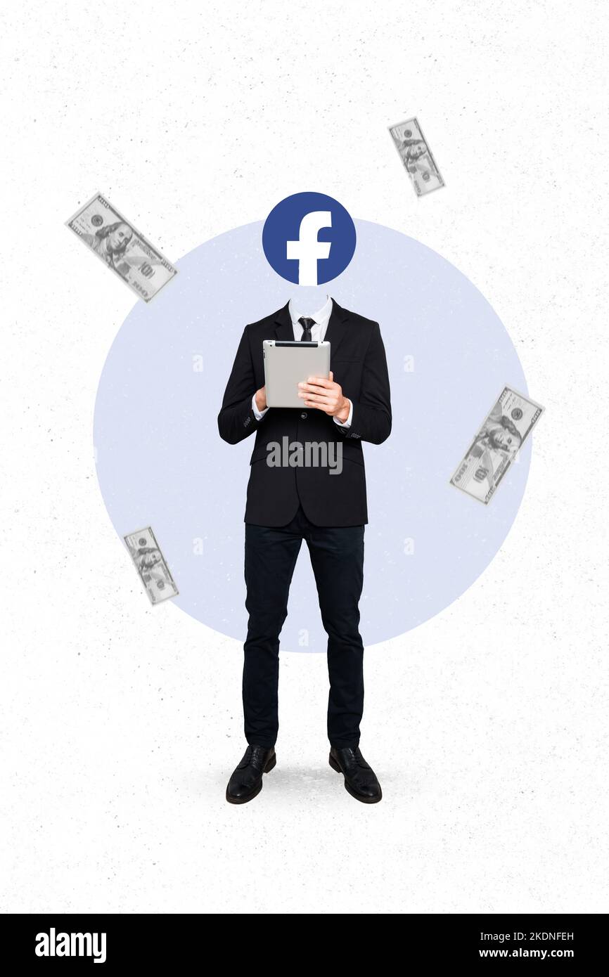 Creative photo 3d collage artwork of weird person facebook sign instead ...