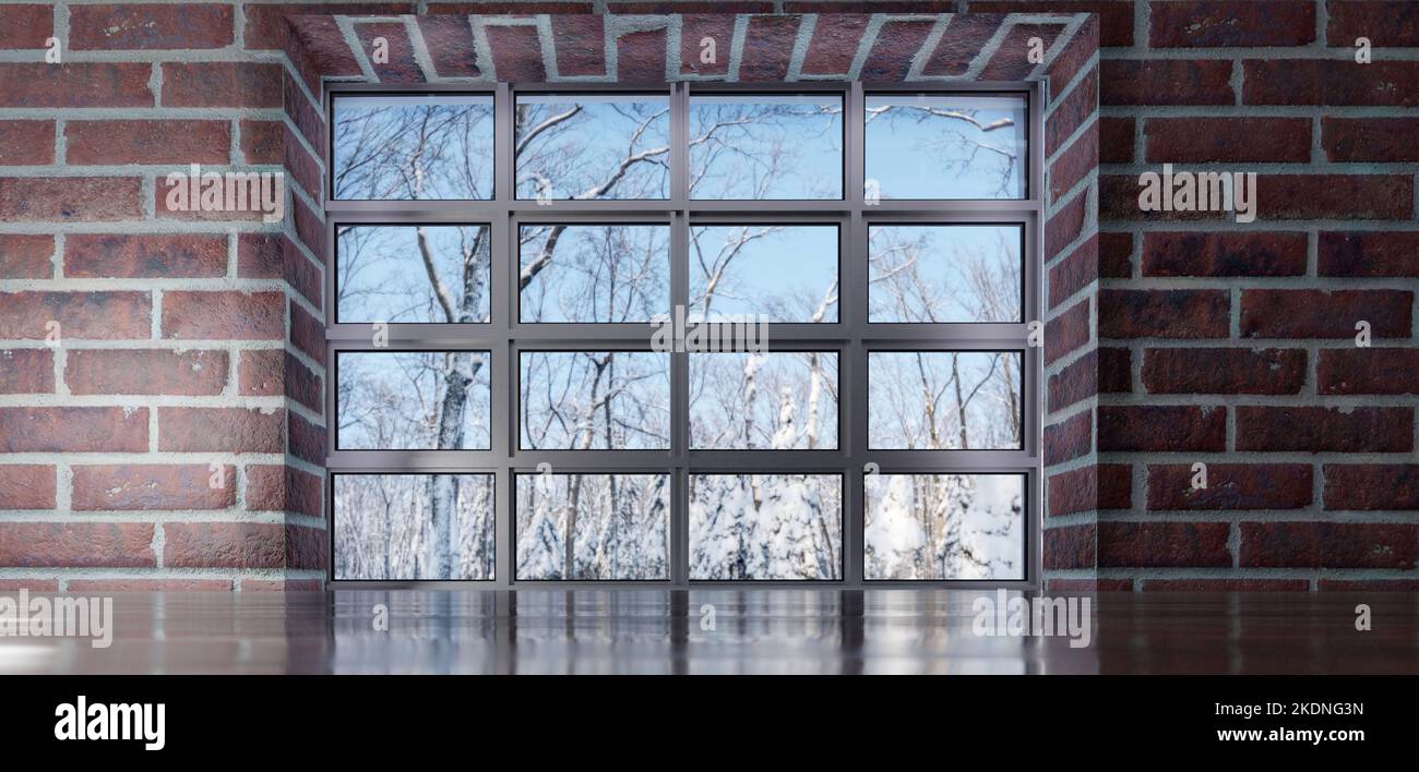 Winter window and brick wall with floor Stock Photo - Alamy