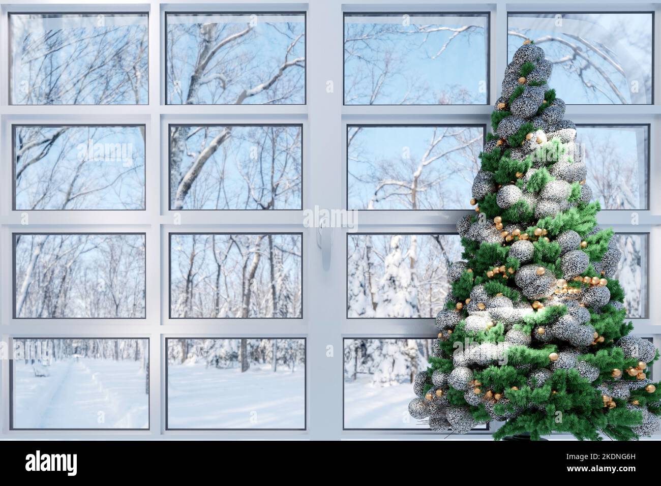 Winter window with Christmas tree decorated Stock Photo - Alamy