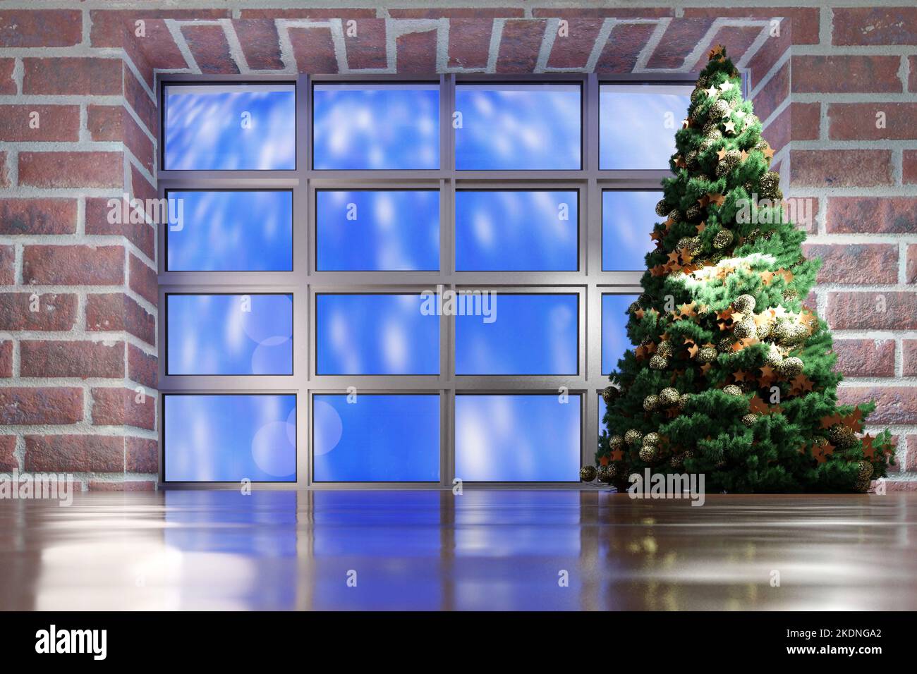 Winter window with Christmas tree decorated Stock Photo - Alamy