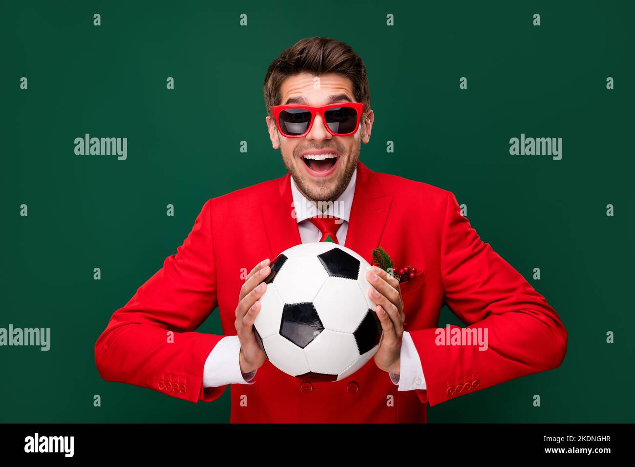 Portrait of handsome classy funny cheerful guy wear festal look ...