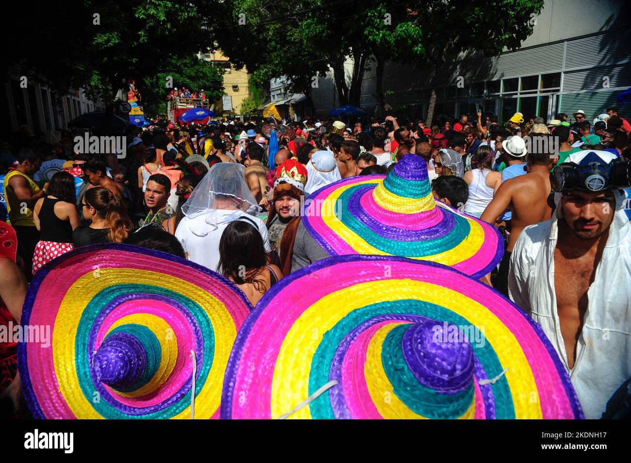 Crowd of people partying at street brazilian carnival parade. Overview ...