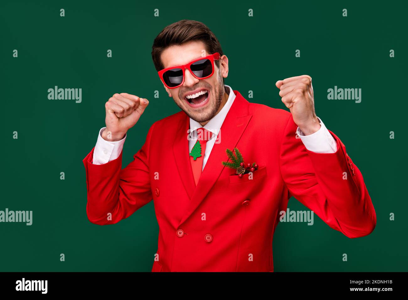 Photo of impressed lucky santa claus guy dressed red jacket glasses ...
