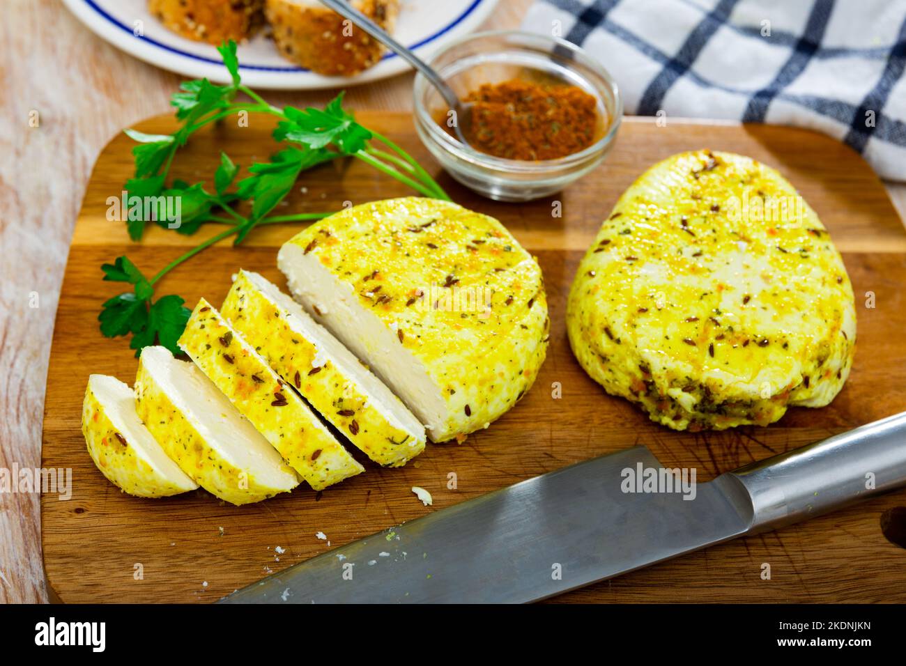 Fried cottage cheese with turmeric. Traditional Lithuanian dish Stock ...