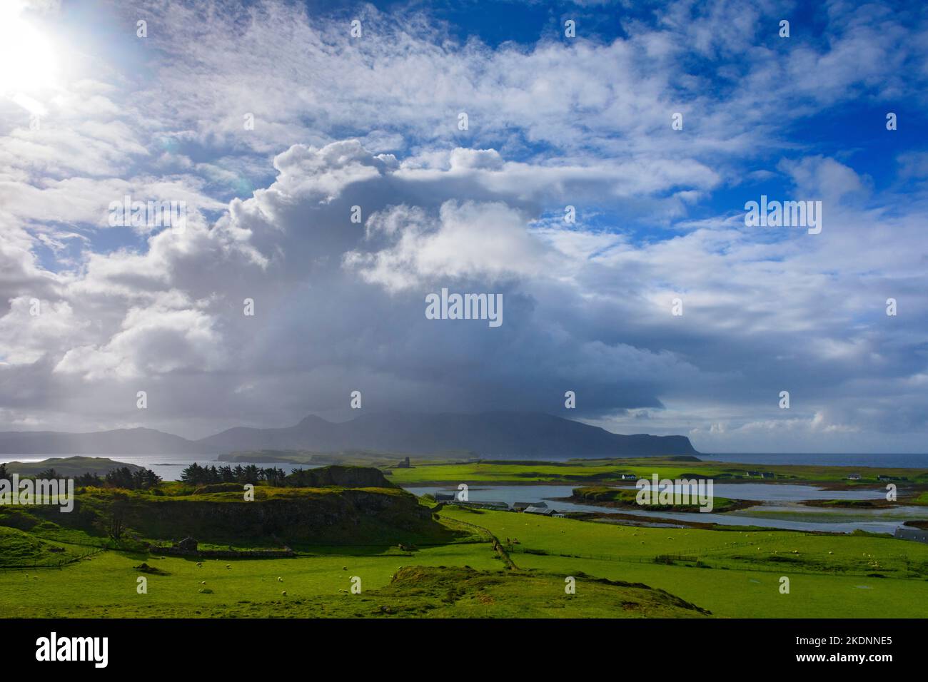 Stormy skies over the Isle of Rum, looking over the island of Sanday ...