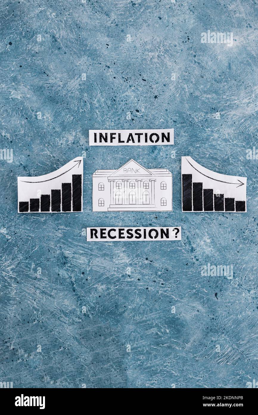 inflation and recession texts with bank icon in between graphs with ...